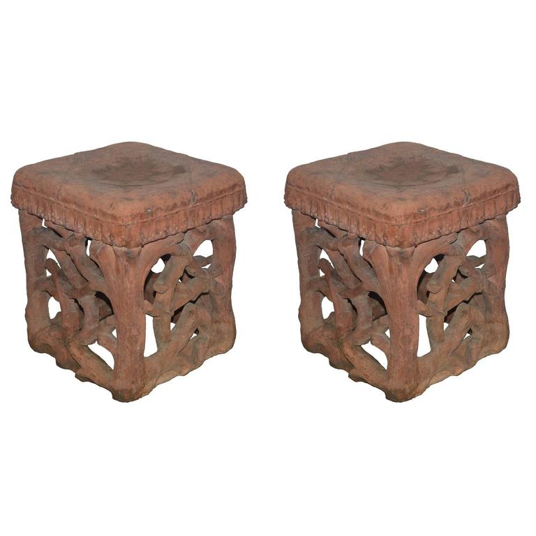 Pair of French Square Terra Cotta Stool Side Tables at 1stDibs