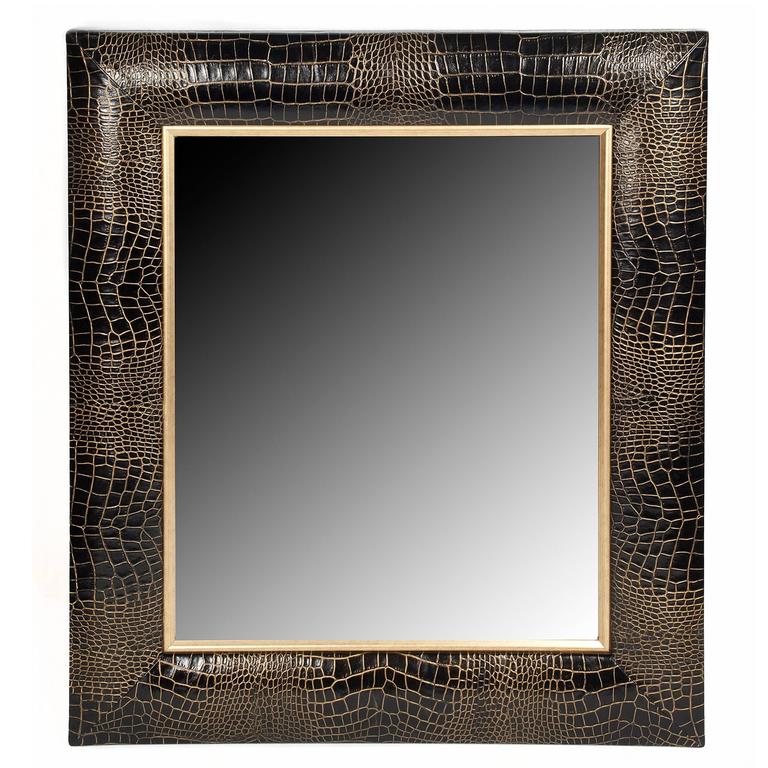 Classic Black Croc Leather Framed Mirror with Hand Painter Gold Tippin ...