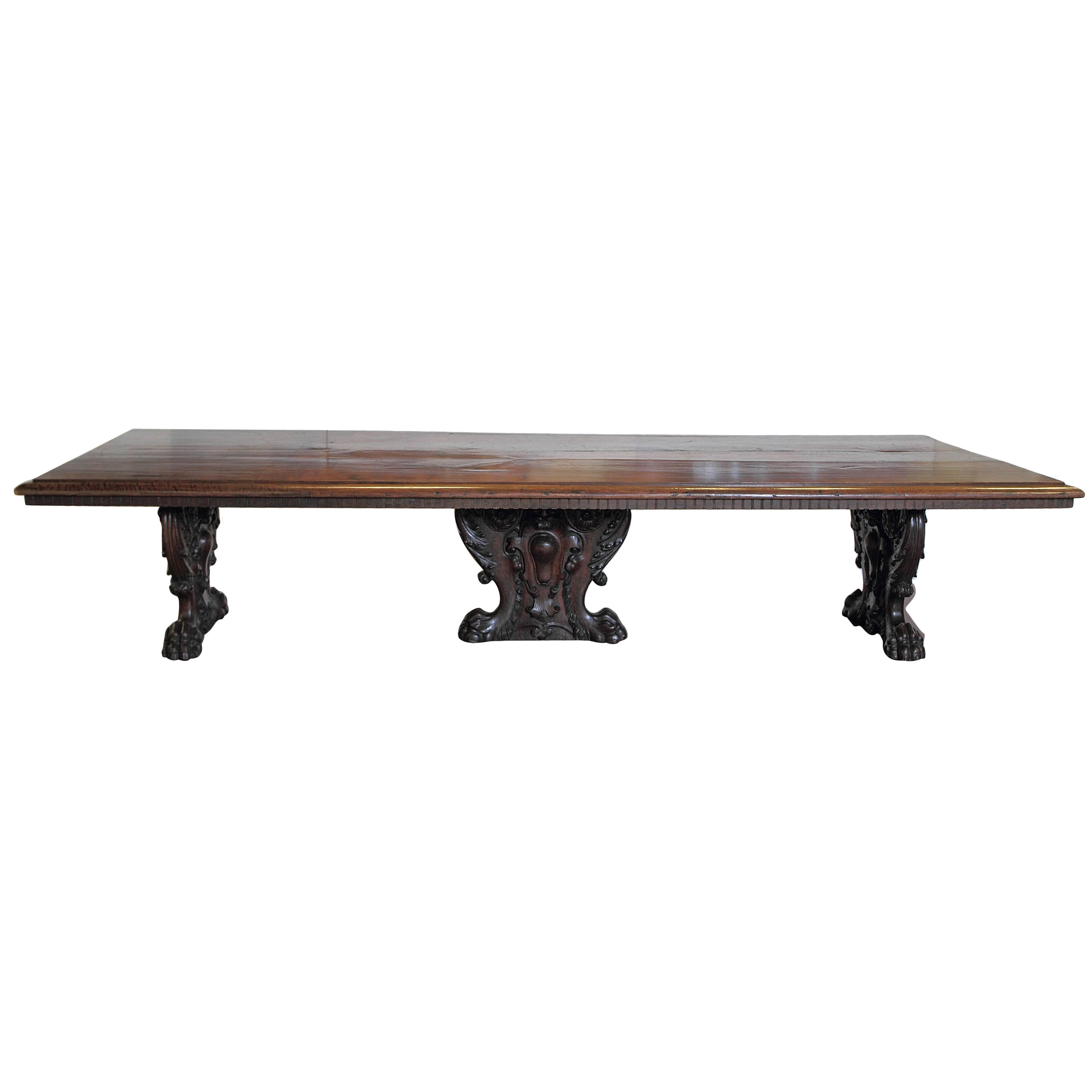 Massive Rectangular Table with Three Carved Pedestals at 1stDibs