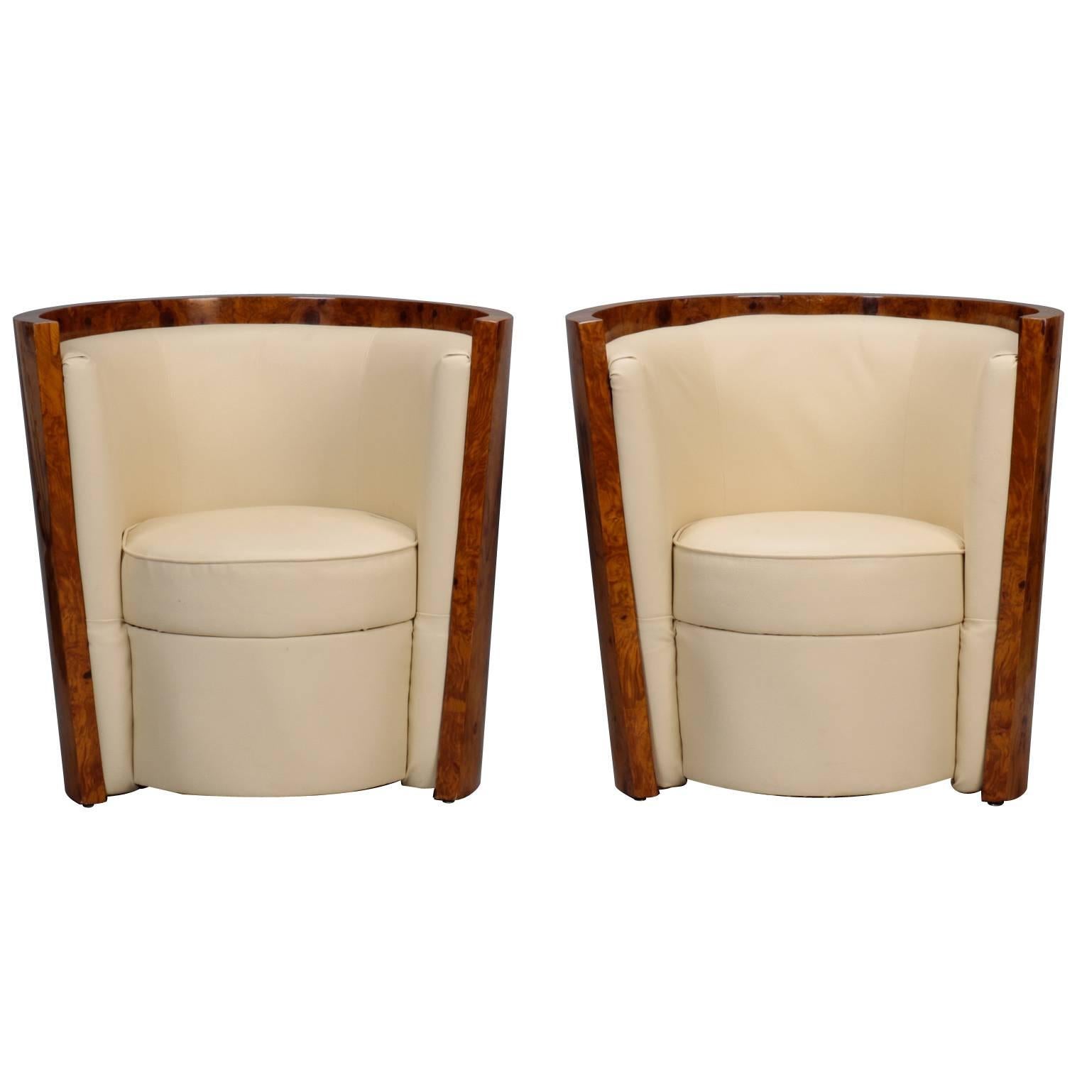 Pair of Italian Art Deco Ivory Leather and Polished Burled Olive Wood ...