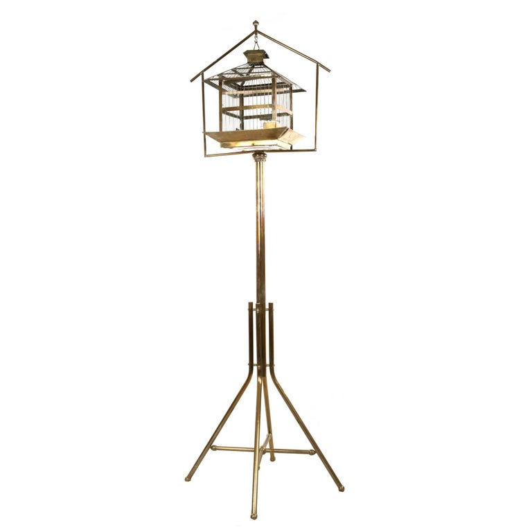 Chinese-Style Brass Hanging Bird Cage and Stand at 1stDibs