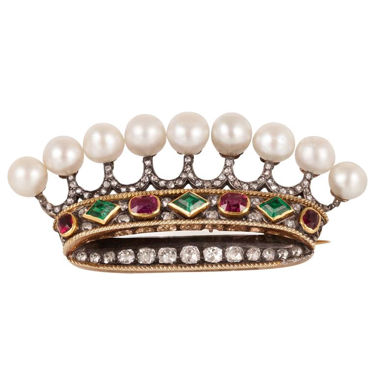 Natural Pearl Emerald Ruby Diamond Gold Crown Brooch For Sale at 1stDibs