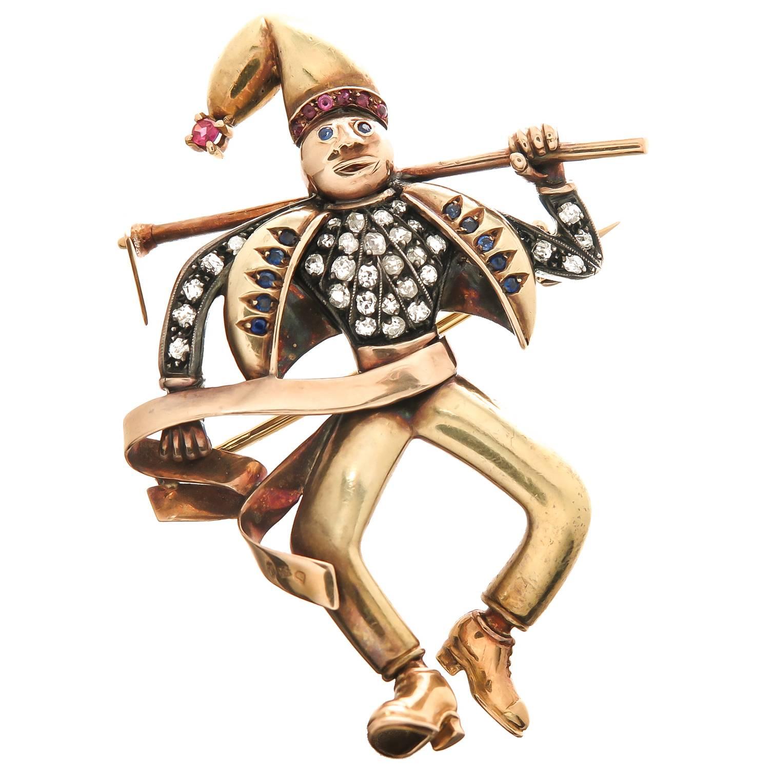 Gem set Gold Jester Brooch at 1stDibs | jester pin