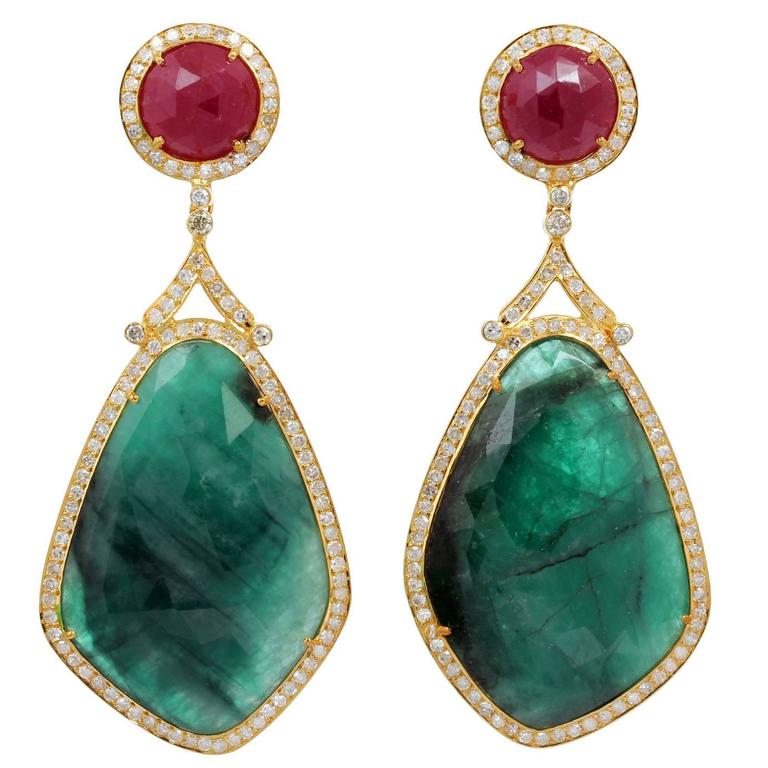Elegant Ruby Emerald Quartz Diamond Gold Dangle Earrings at 1stDibs