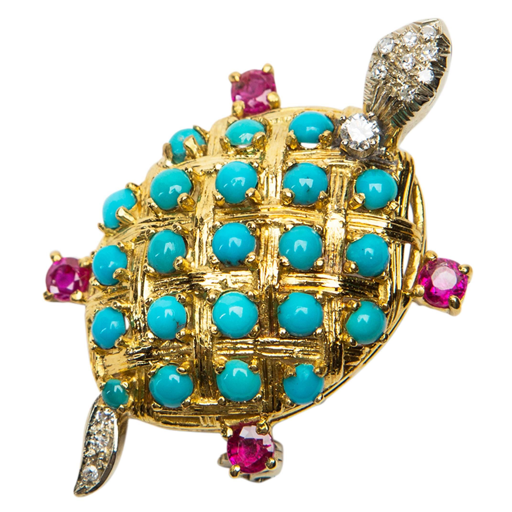 Elegant Turquoise Ruby Diamond Gold Platinum Turtle Brooch at 1stDibs