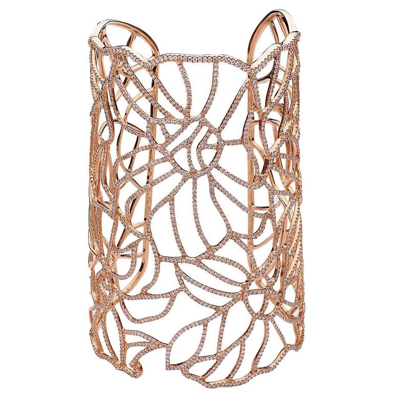 Gorgeous Floral Cut Out Diamond Gold Long Cuff Bangle Bracelet For Sale ...