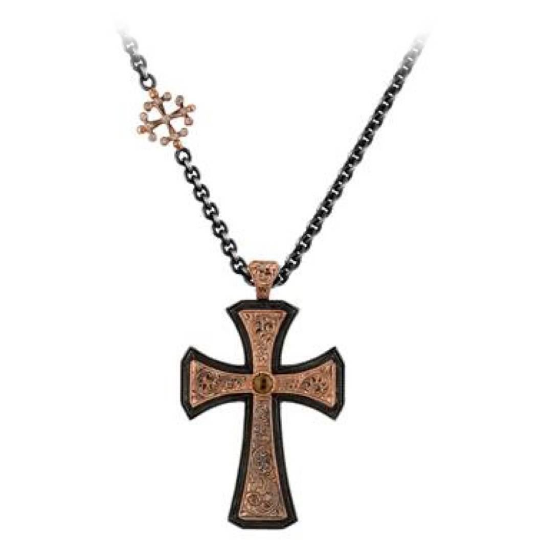 Hand Forged Silver and Rose Gold Diamond Cross Necklace at 1stDibs