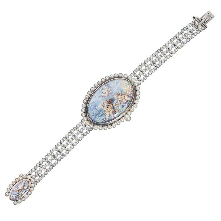 Paillet Ladies Platinum Natural Pearl Hand Painted Wristwatch For Sale ...