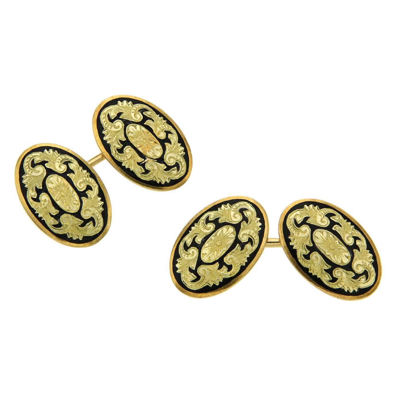 Enamel Gold Oval Cufflinks at 1stDibs