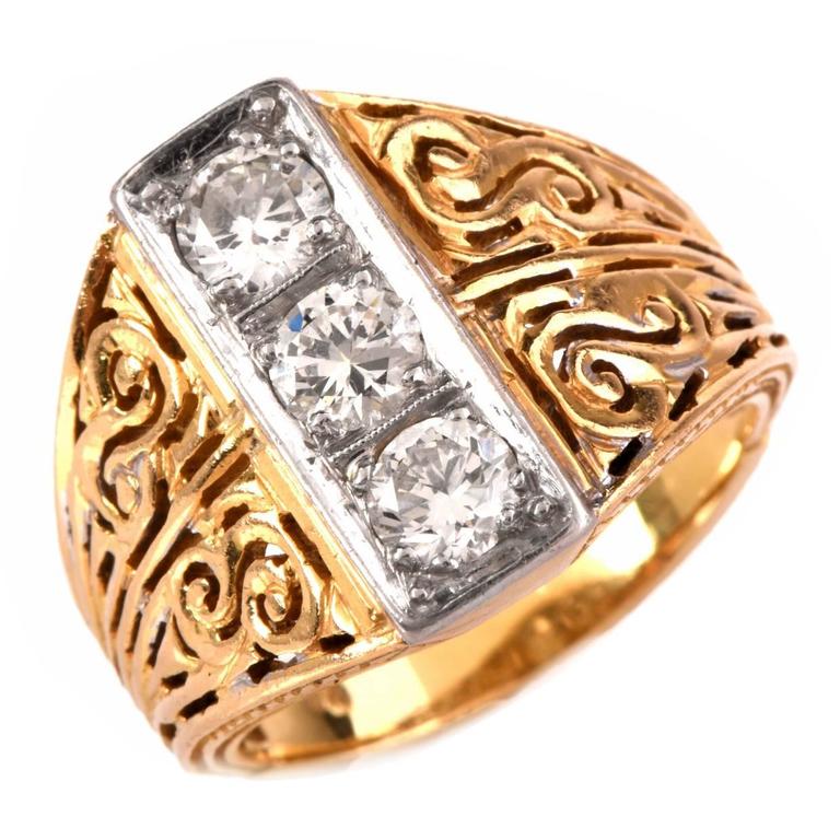 Men's Diamond gold Three stone Ring at 1stDibs