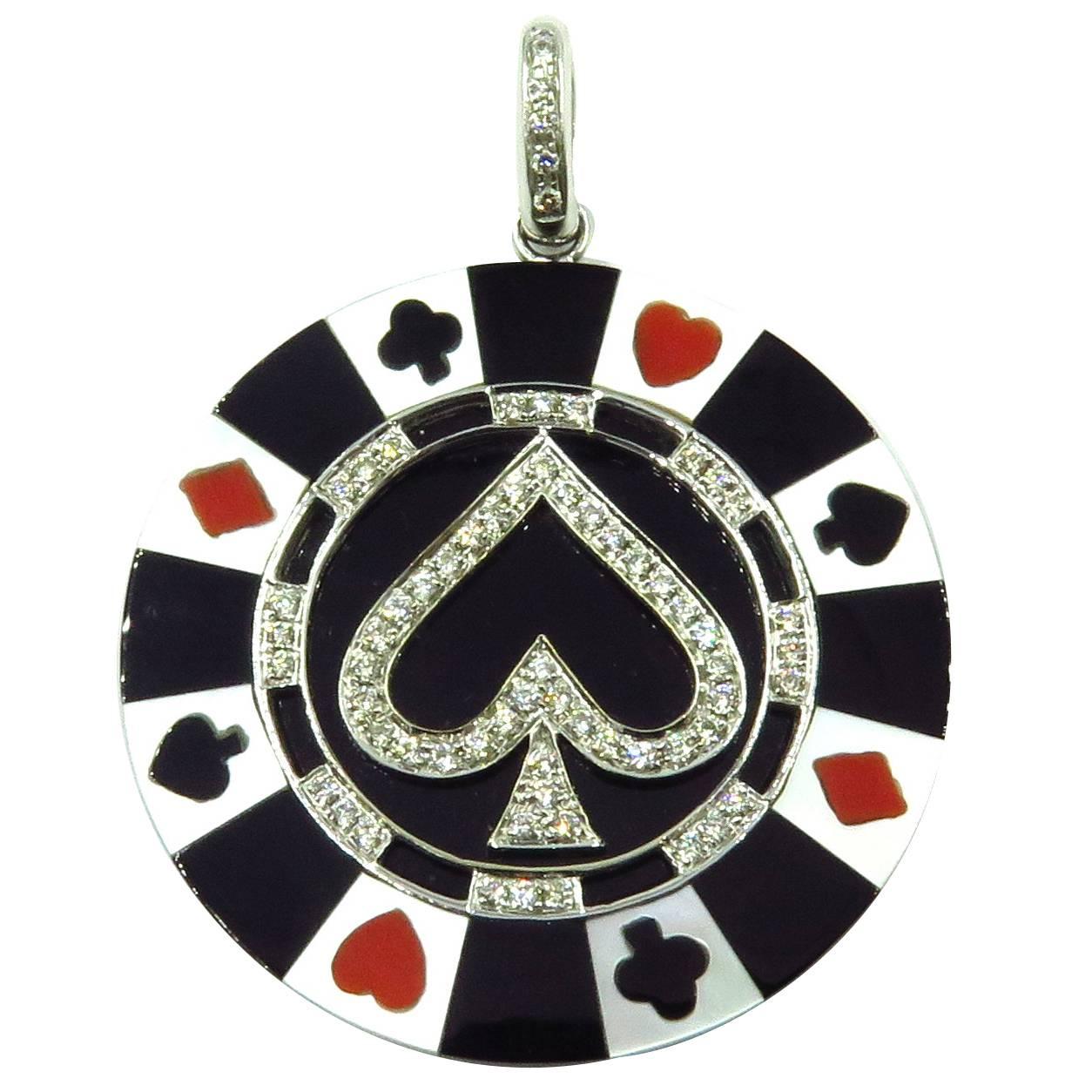 Lucky Charm Onyx Coral Mother of Pearl Diamond Gold Casino Chip Pendant ...