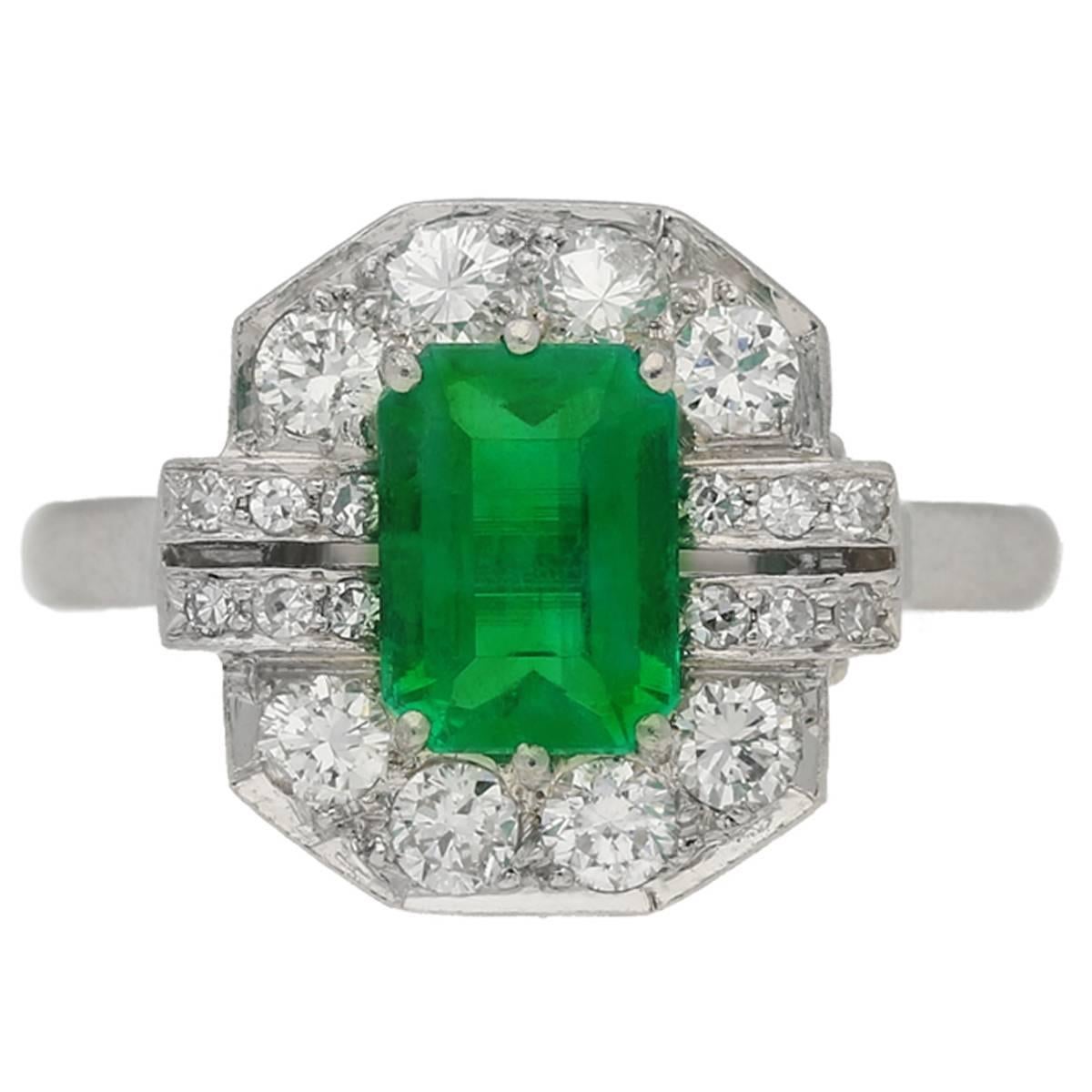 Triangle Cut Diamond and Ruby Platinum Art Deco Engagement Ring at 1stDibs