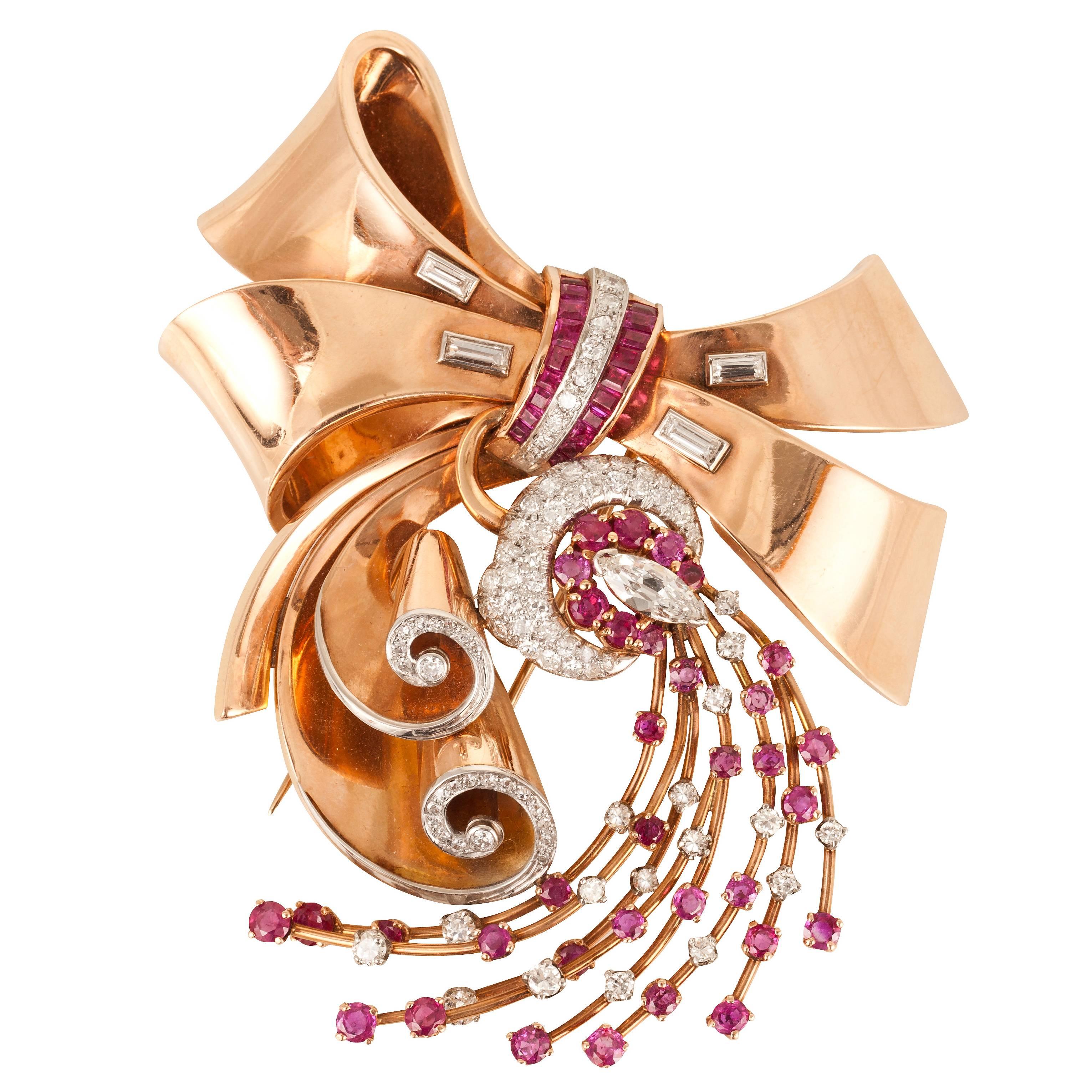 Ruby Diamond Gold Bow Brooch For Sale at 1stDibs