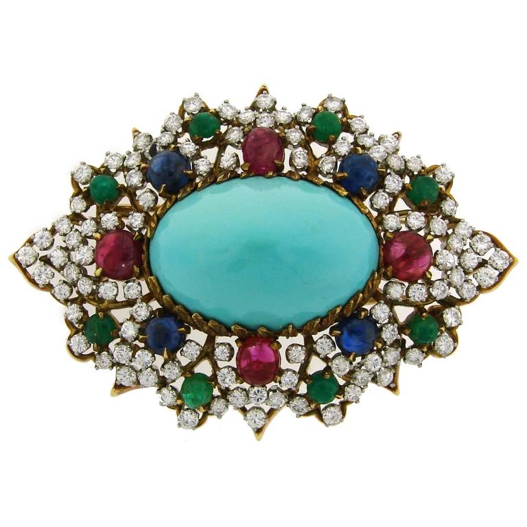 1970s Turquoise Diamond Gem Stone Gold Brooch Pin For Sale at 1stDibs
