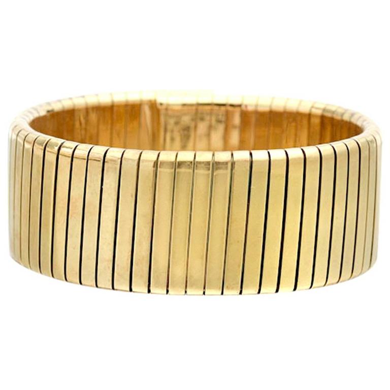 Gold Ribbed Cuff Bracelet at 1stDibs