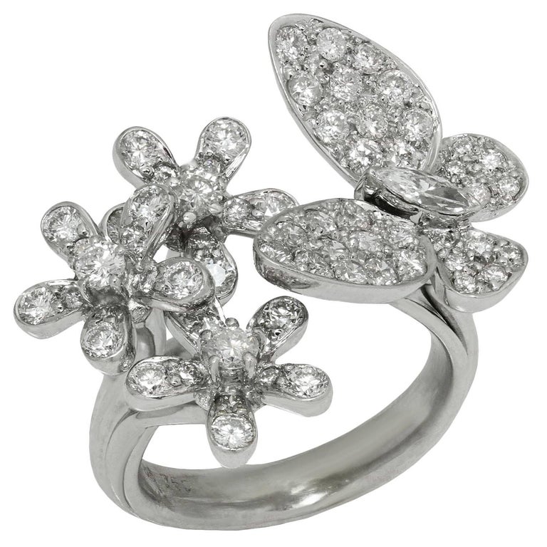 Diamond 18k White Gold Butterfly Flower Ring at 1stDibs