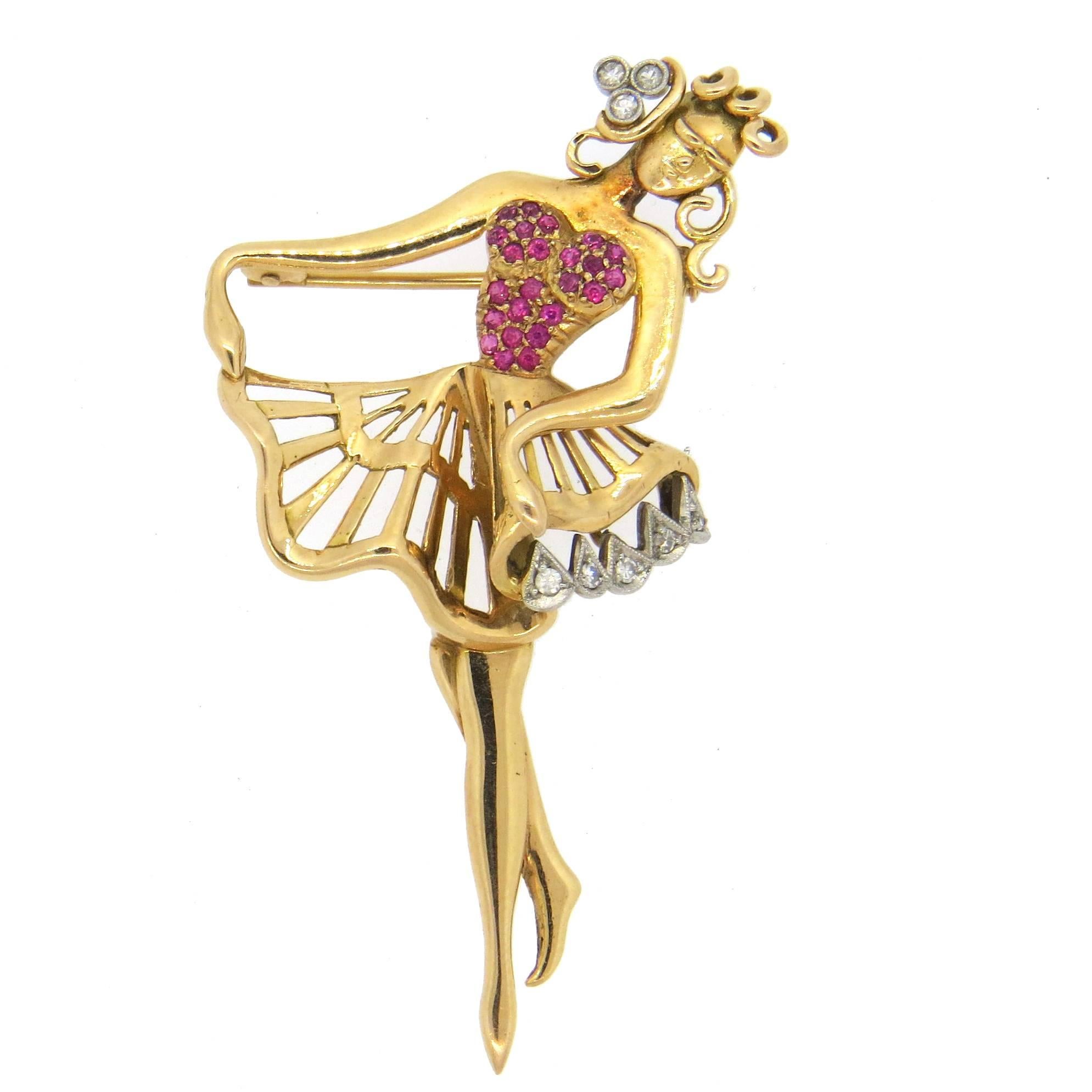 Retro Whimsical Ruby Diamond Gold Dancing Ballerina Brooch Pin at 1stDibs