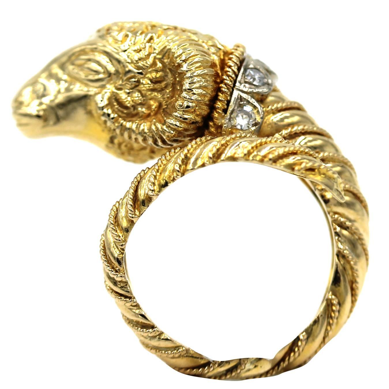 Ram's Head Diamond gold Ring at 1stDibs