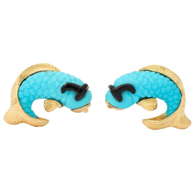 Michael Kanners Turquoise Onyx Gold Fish Cufflinks For Sale at 1stDibs