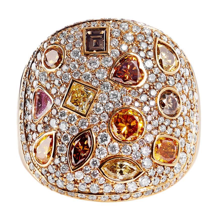 Yellow Gold Multicolor Diamond Cocktail Ring at 1stDibs