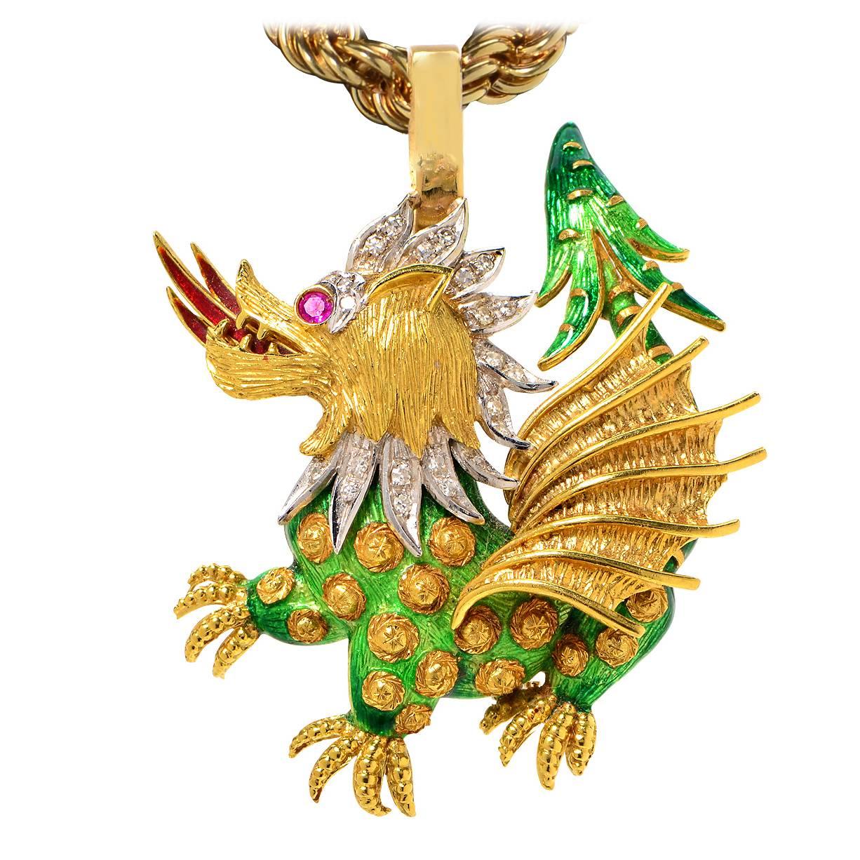 Enamel Diamond Gold Dragon Necklace and Brooch at 1stDibs