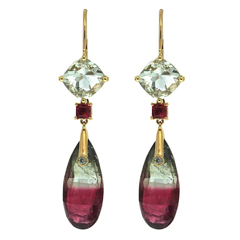 Beryl Rhodolite bi-color Tourmaline gold Earrings For Sale at 1stdibs