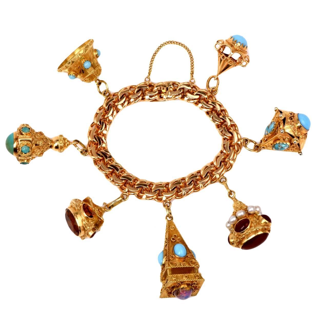 Retro Multi Gem Gold Heavy Charm Bracelet at 1stdibs