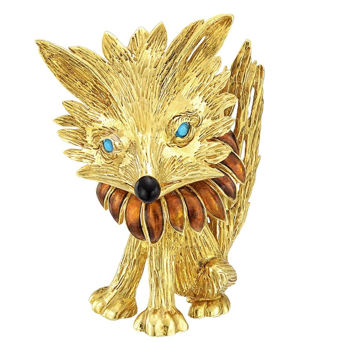 Fabergé Whimsical enamel gold Fox Brooch at 1stDibs