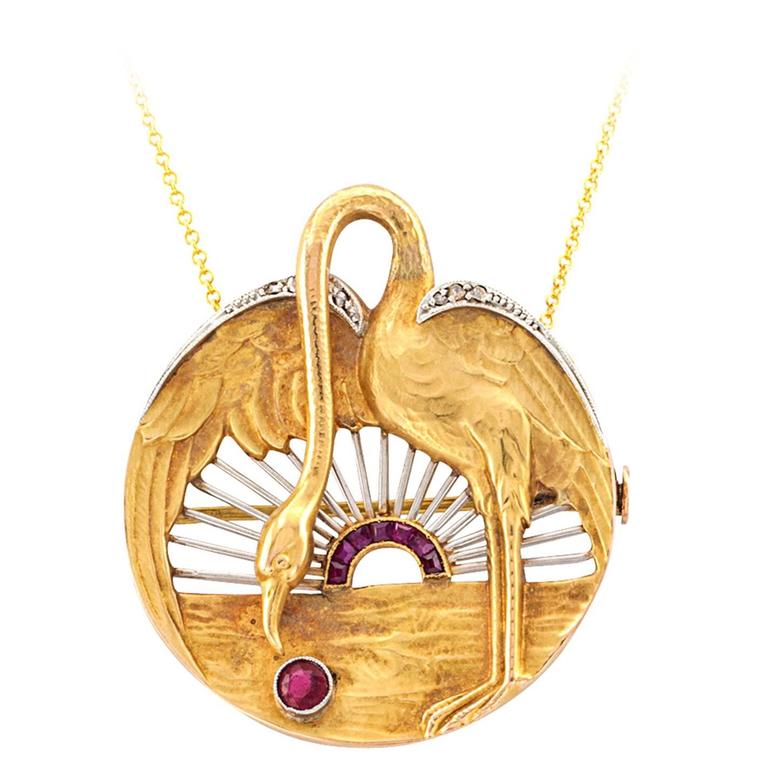 Art Nouveau Ruby Diamond Gold Platinum Crane Brooch Pendant For Sale at ...