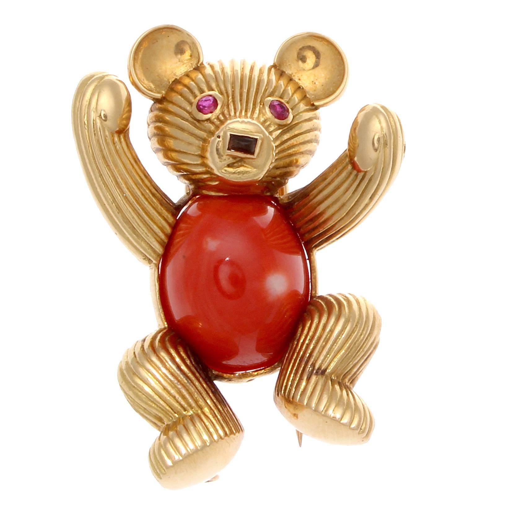 Coral Ruby Onyx Gold Teddy Bear Brooch at 1stdibs