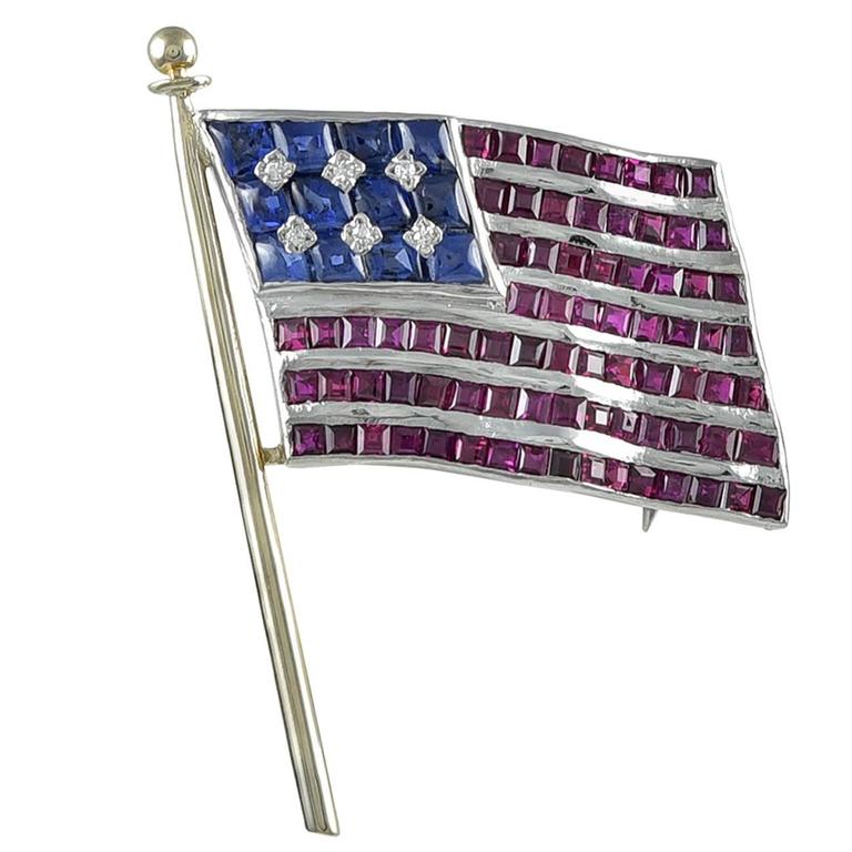 Tiffany and Co. Ruby Sapphire Diamond Gold Platinum American Flag Pin ...