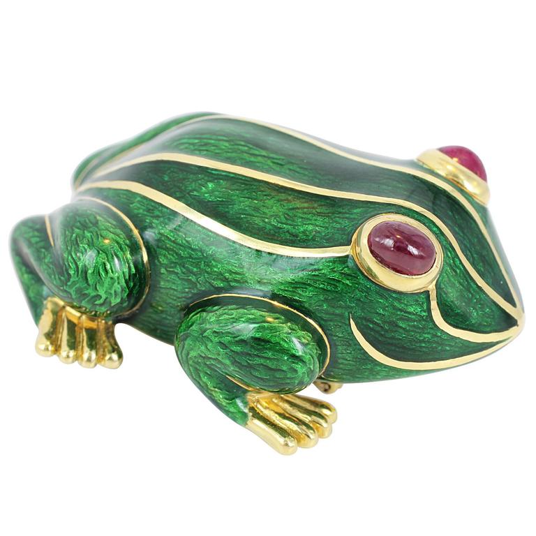 David Webb Green Enamel Frog Pin For Sale at 1stDibs
