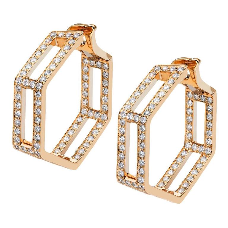 Hexagon shape diamond gold hoop earrings For Sale at 1stDibs