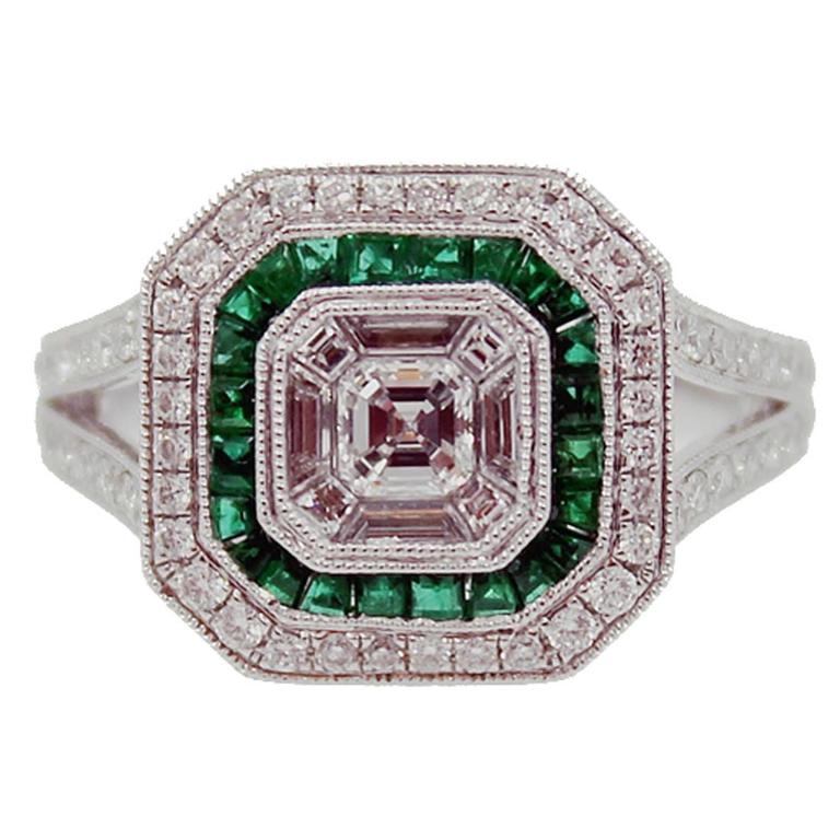 Emerald Diamond Pave Gold Mosaic Ring For Sale at 1stDibs