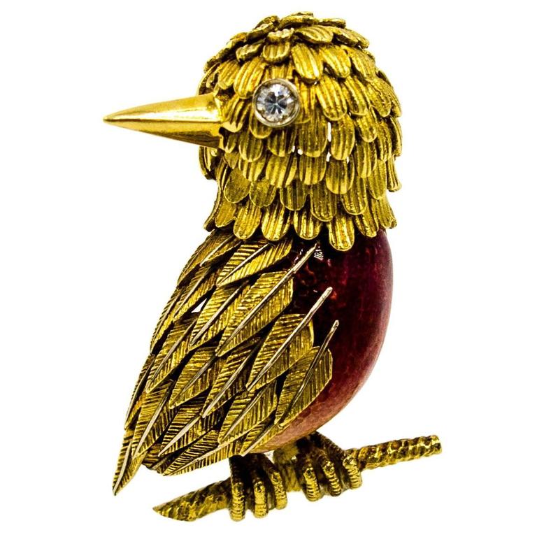 Refined and Detailed Ombre d'Enamel Diamond Gold Bird Pin For Sale at ...