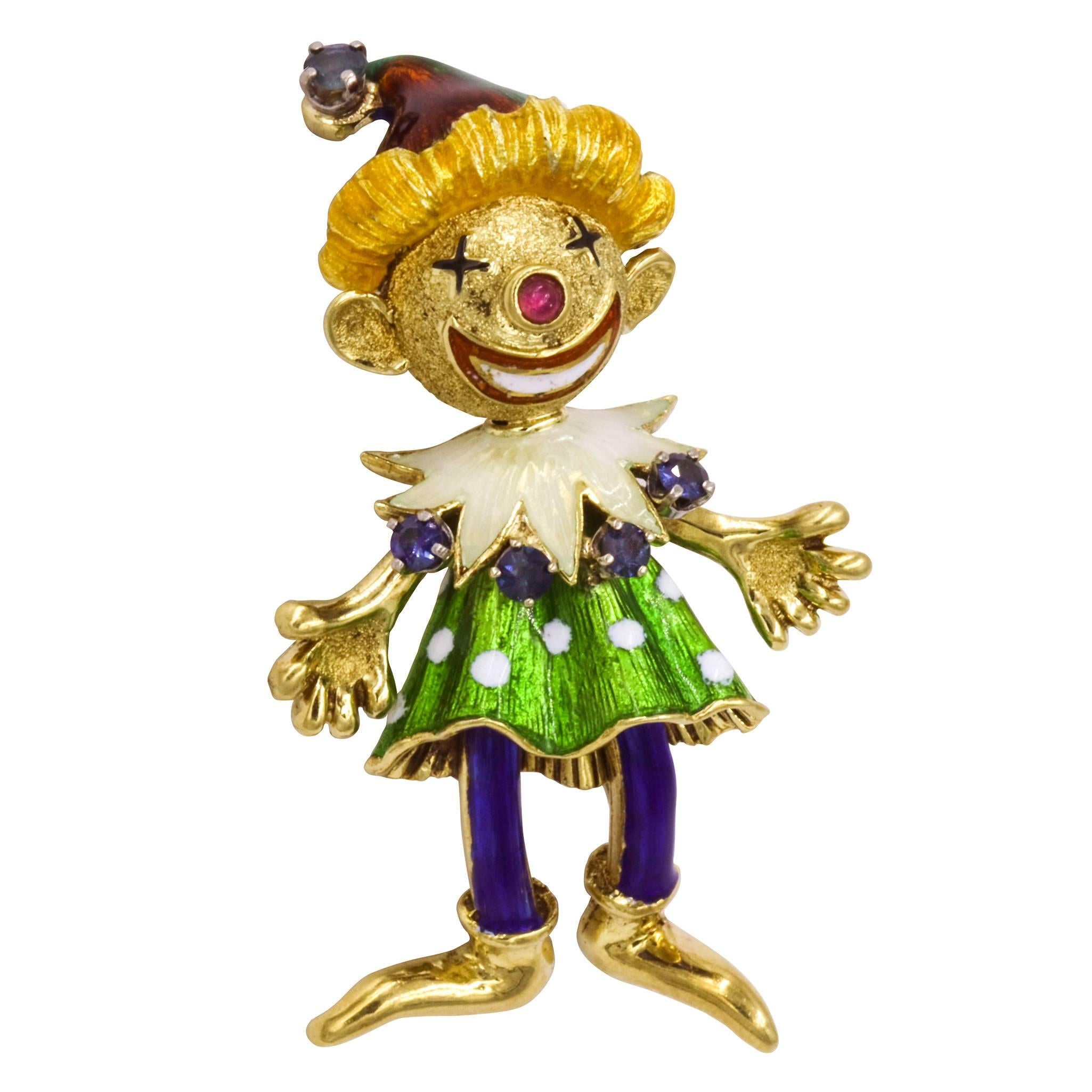 Vintage Enamel Clown Brooch by Martine in 14 Karat Yellow Gold For Sale ...