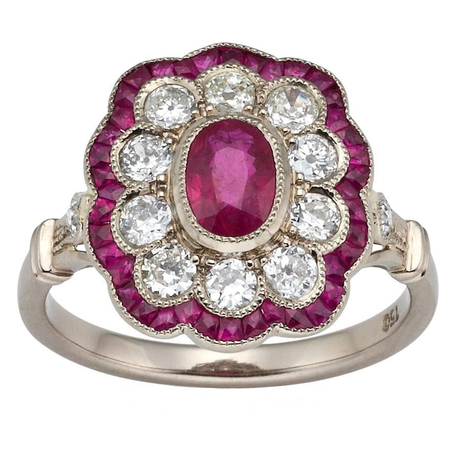 Distinctive Ruby Diamond Gold Cluster Style Ring at 1stDibs