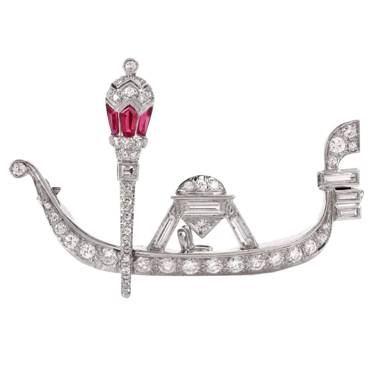 Antique Diamond Ruby Gold Venetian Gondola Pin Brooch at 1stDibs