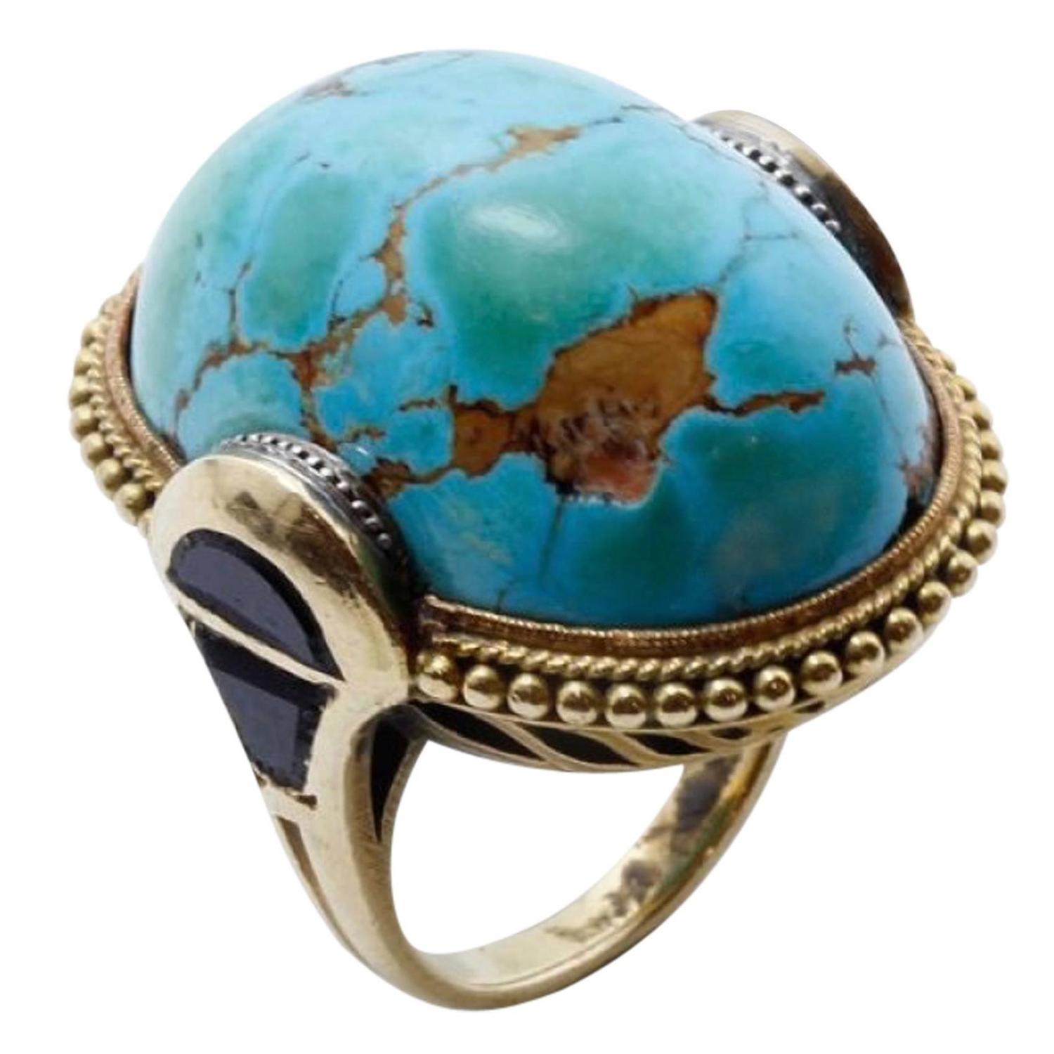 1930s Turquoise Matrix Onyx Gold Ring For Sale at 1stdibs