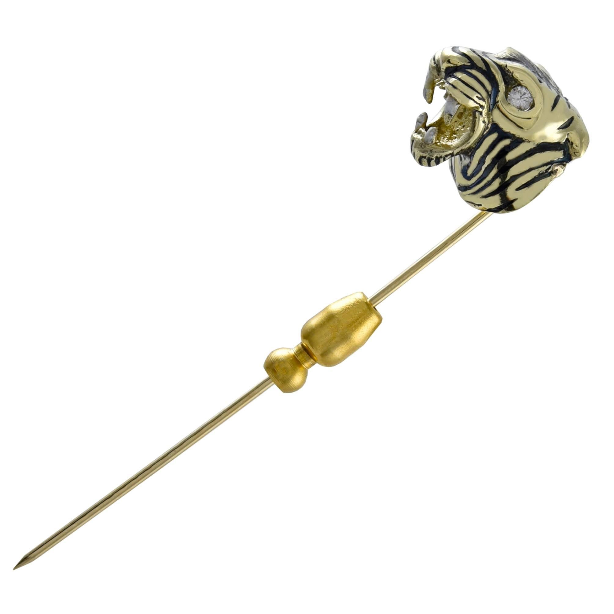 1930s Enamel Diamond Gold Fierce Tiger Stick Pin at 1stDibs