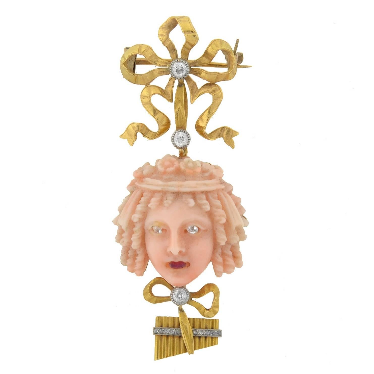 Victorian Hand Carved Angel Skin Coral Ruby Diamond Gold Brooch at 1stDibs