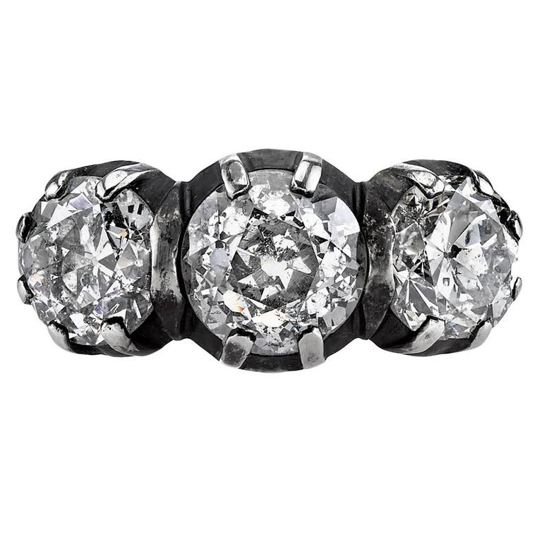 Georgian Style Three Stone Diamond Silver Gold Ring at 1stDibs