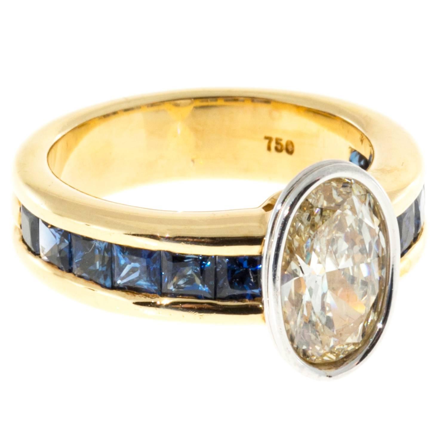 Channel Set Sapphire Oval Diamond Gold Platinum Ring at 1stdibs