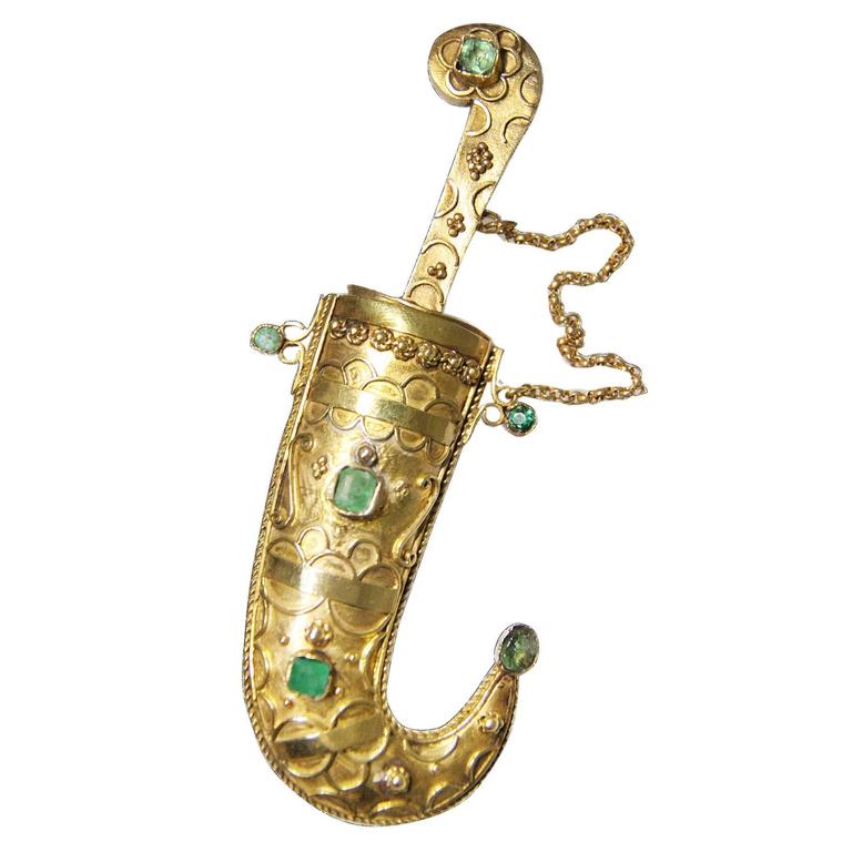 Decorative Green Crystal Emerald Gold Sword Brooch For Sale at 1stDibs