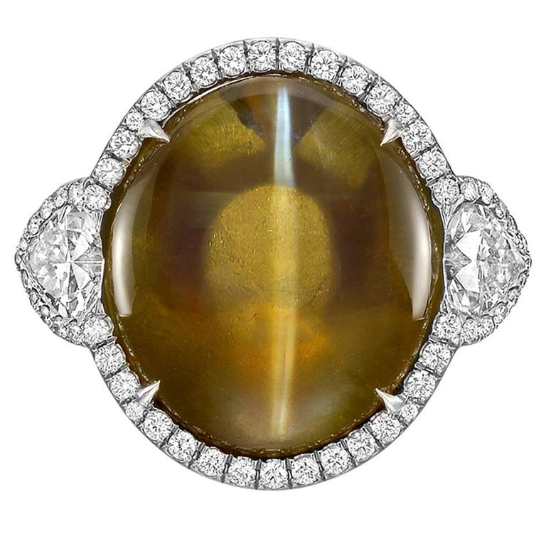 Large Cat's Eye Chrysoberyl Diamond Platinum Ring at 1stDibs