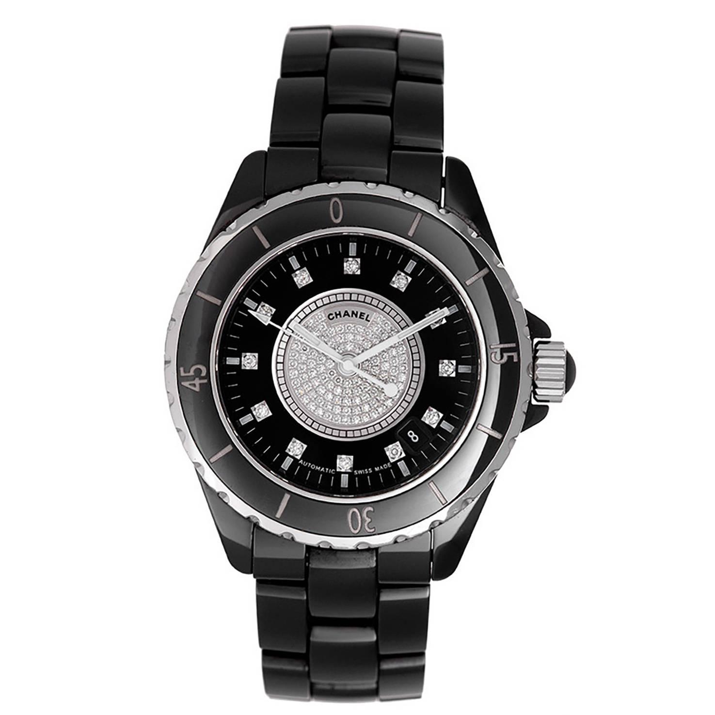 CHANEL Automatic J12 39mm Black Ceramic Watch with Diamond Pave Face at ...