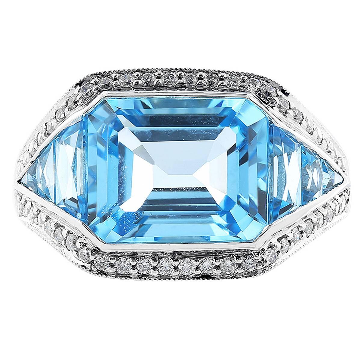 2.64 Carats Blue Topaz Diamond Platinum Ring For Sale at 1stDibs