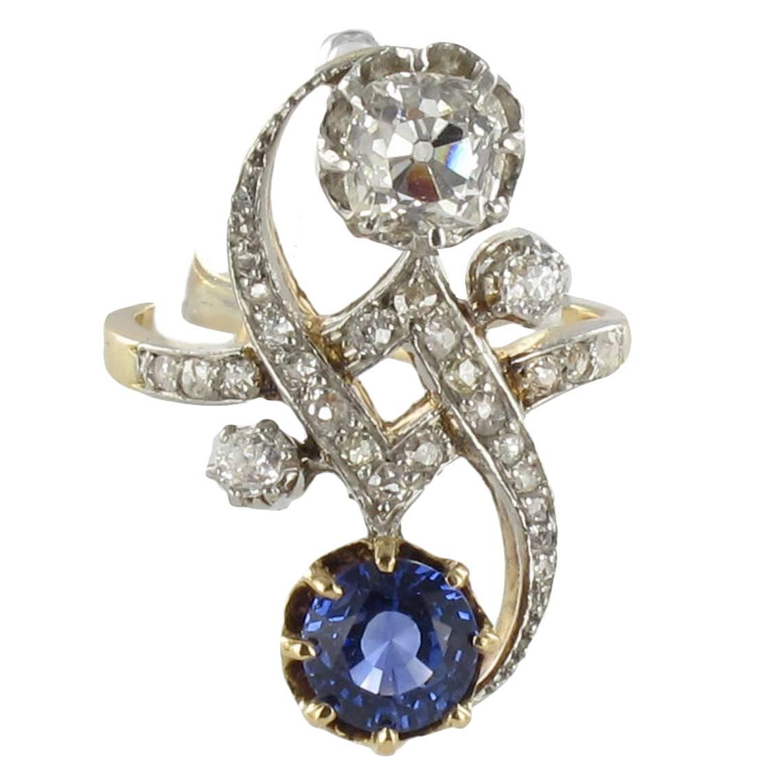 French Antique Napoleon III Sapphire Diamond Gold Platinum Engagement ...