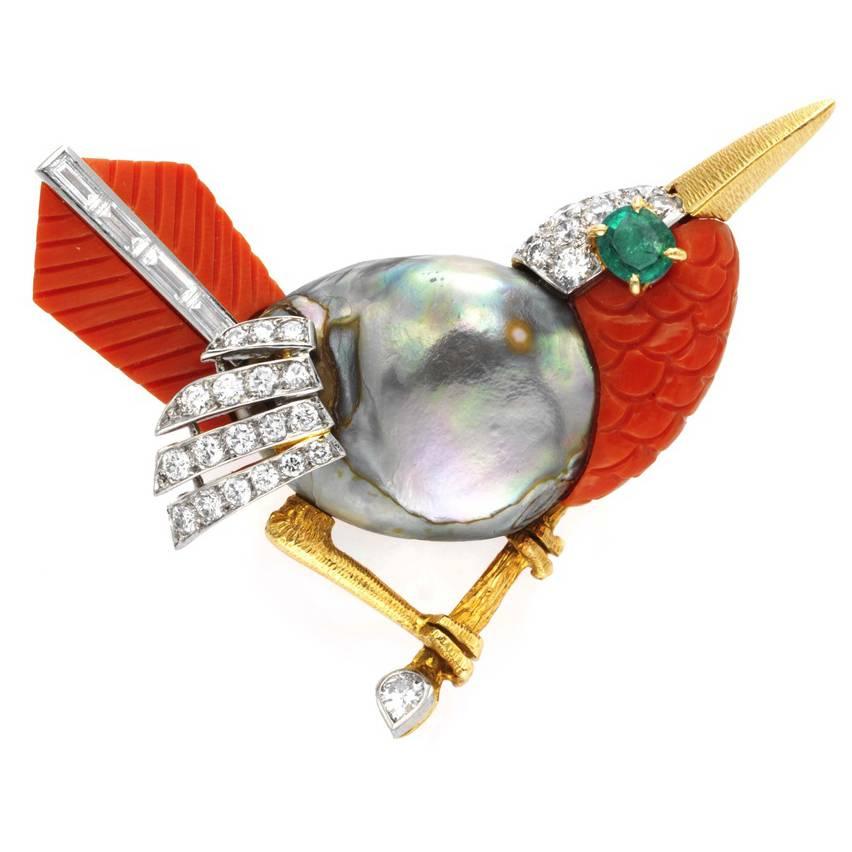 Cartier Multi-Gem Diamond Gold Bird Brooch For Sale at 1stDibs