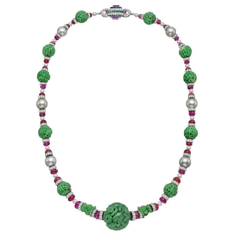 Carved Jade Ruby Pearl Diamond Platinum Bead Necklace at 1stDibs